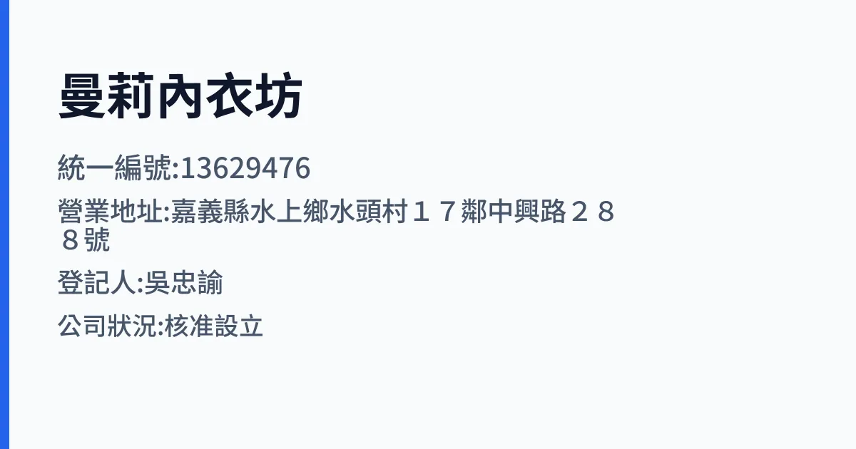 曼莉內衣坊 - 統編 13629476(嘉義縣) 公司登記資料與營業項目詳細圖表