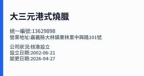 大三元港式燒臘的照片-統編 13629898(嘉義縣) 公司登記資料與營業項目詳細圖表