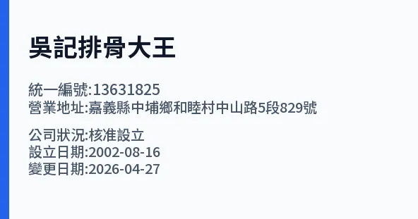 吳記排骨大王的照片-統編 13631825(嘉義縣) 公司登記資料與營業項目詳細圖表