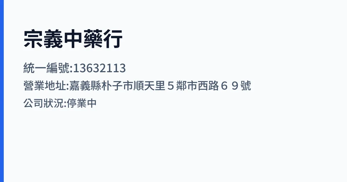 宗義中藥行 - 統編 13632113(嘉義縣) 公司登記資料與營業項目詳細圖表