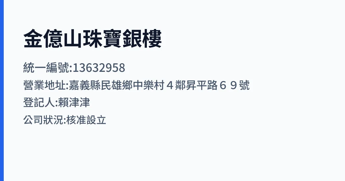 金億山珠寶銀樓 - 統編 13632958(嘉義縣) 公司登記資料與營業項目詳細圖表