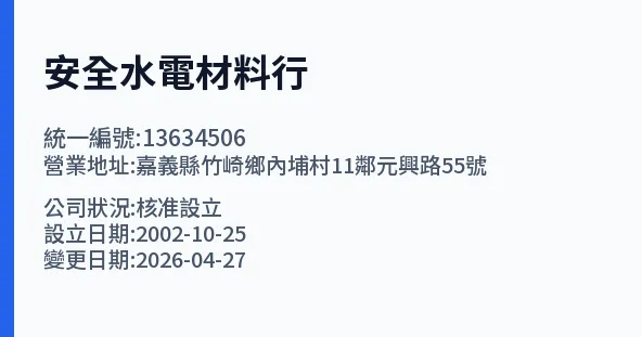 安全水電材料行的照片-統編 13634506(嘉義縣) 公司登記資料與營業項目詳細圖表