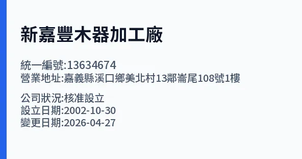 新嘉豐木器加工廠的照片-統編 13634674(嘉義縣) 公司登記資料與營業項目詳細圖表