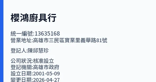 櫻鴻廚具行的照片-統編 13635168(高雄市) 公司登記資料與營業項目詳細圖表