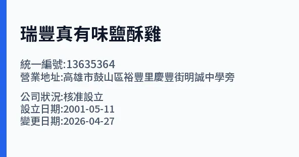 瑞豐真有味鹽酥雞的照片-統編 13635364(高雄市) 公司登記資料與營業項目詳細圖表