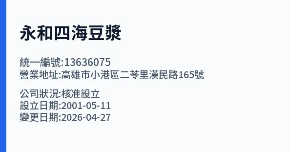 永和四海豆漿的照片-統編 13636075(高雄市) 公司登記資料與營業項目詳細圖表