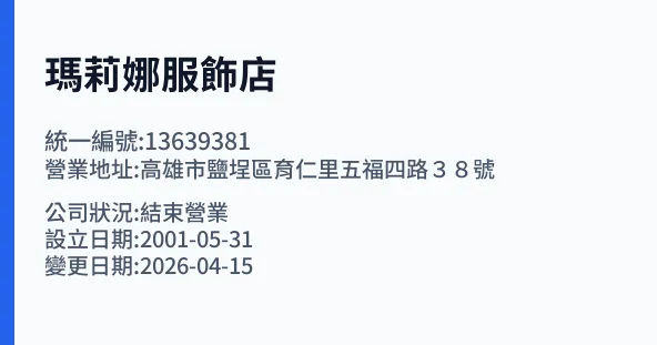 瑪莉娜服飾店的照片-統編 13639381(高雄市) 公司登記資料與營業項目詳細圖表