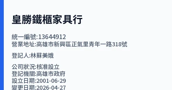 皇勝鐵櫃家具行的照片-統編 13644912(高雄市) 公司登記資料與營業項目詳細圖表