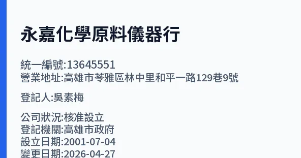 永嘉化學原料儀器行的照片-統編 13645551(高雄市) 公司登記資料與營業項目詳細圖表