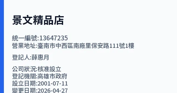 景文精品店的照片-統編 13647235(臺南市) 公司登記資料與營業項目詳細圖表