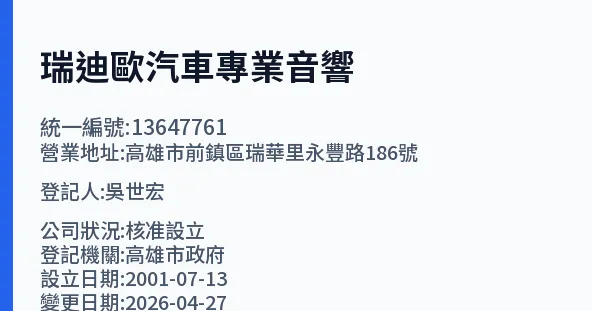 瑞迪歐汽車專業音響的照片-統編 13647761(高雄市) 公司登記資料與營業項目詳細圖表
