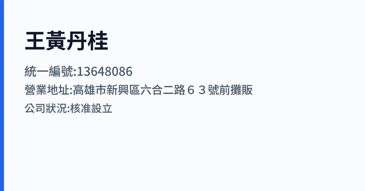 王黃丹桂 - 統編 13648086(高雄市) 公司登記資料與營業項目詳細圖表
