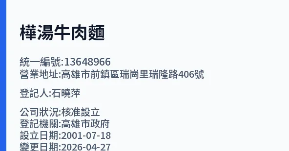 樺湯牛肉麵的照片-統編 13648966(高雄市) 公司登記資料與營業項目詳細圖表