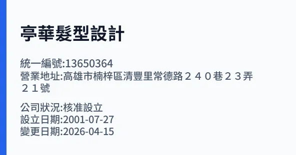 亭華髮型設計的照片-統編 13650364(高雄市) 公司登記資料與營業項目詳細圖表