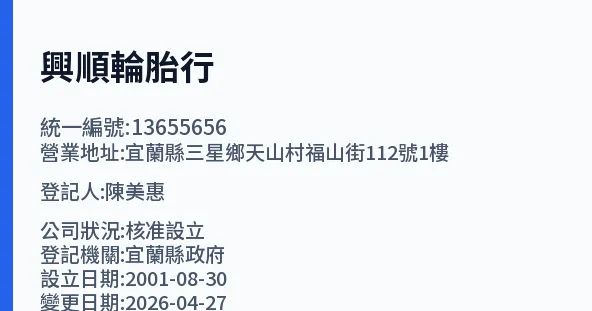興順輪胎行的照片-統編 13655656(宜蘭縣) 公司登記資料與營業項目詳細圖表