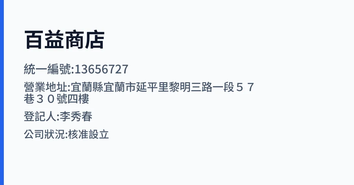 百益商店 - 統編 13656727(宜蘭縣) 公司登記資料與營業項目詳細圖表