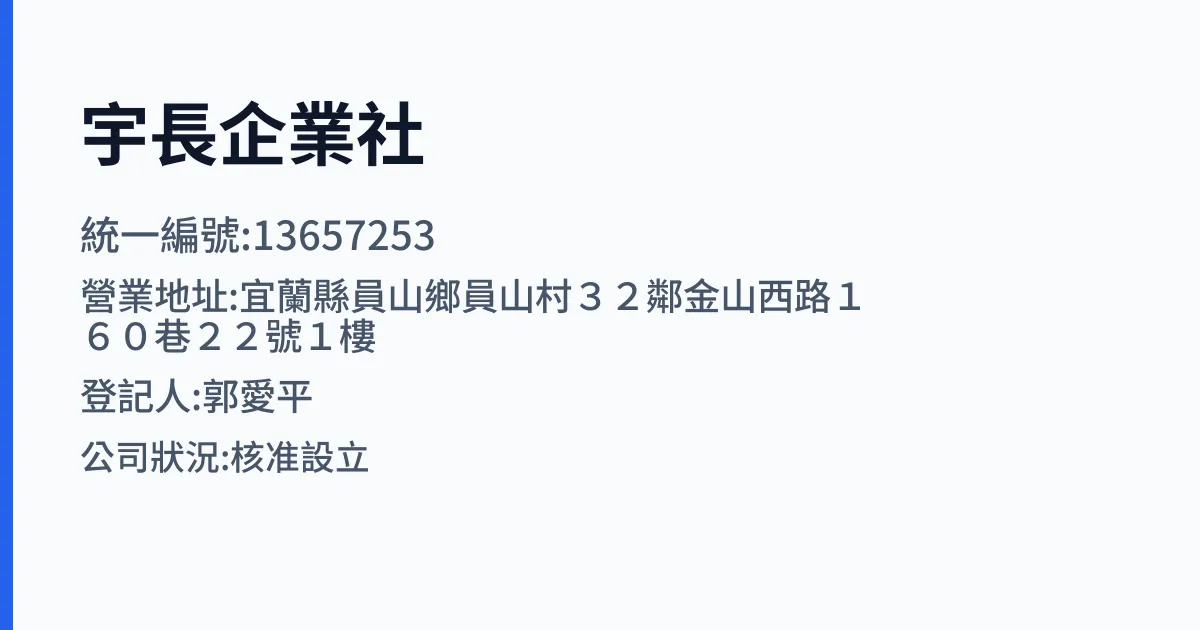 宇長企業社 - 統編 13657253(宜蘭縣) 公司登記資料與營業項目詳細圖表