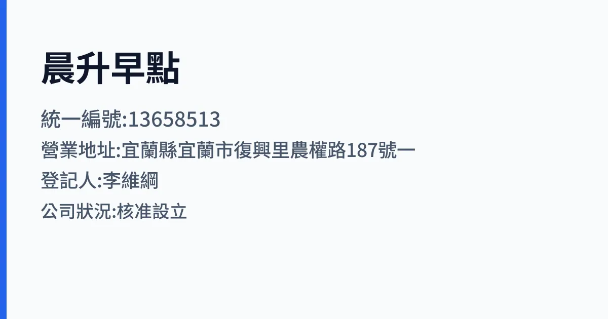 晨升早點 - 統編 13658513(宜蘭縣) 公司登記資料與營業項目詳細圖表