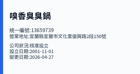 嗅香臭臭鍋的照片-統編 13659739(宜蘭縣) 公司登記資料與營業項目詳細圖表