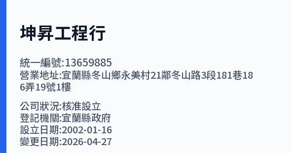 坤昇工程行的照片-統編 13659885(宜蘭縣) 公司登記資料與營業項目詳細圖表