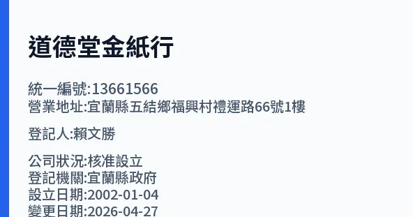 道德堂金紙行的照片-統編 13661566(宜蘭縣) 公司登記資料與營業項目詳細圖表