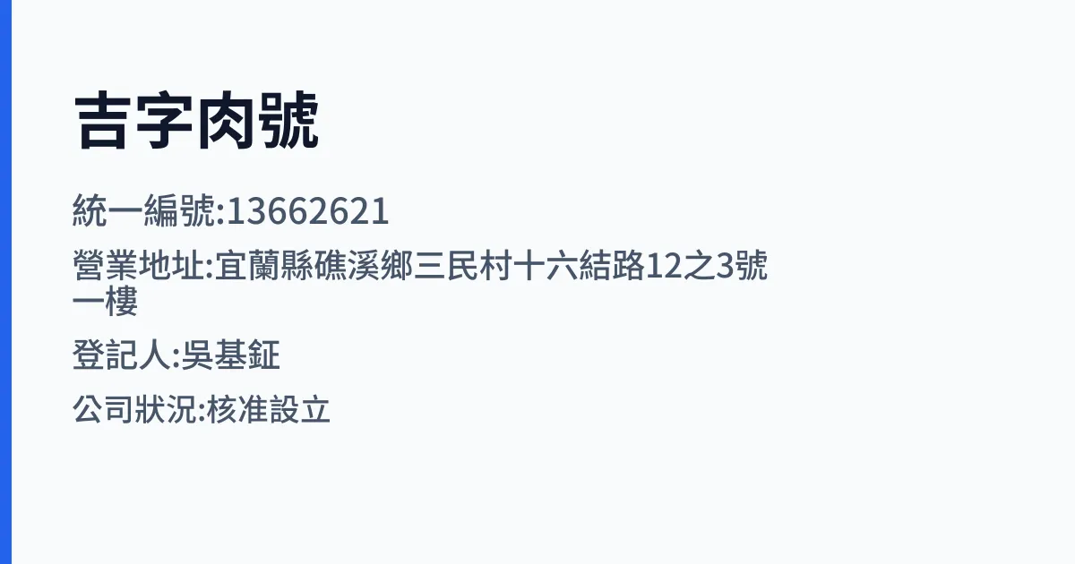 吉字肉號 - 統編 13662621(宜蘭縣) 公司登記資料與營業項目詳細圖表
