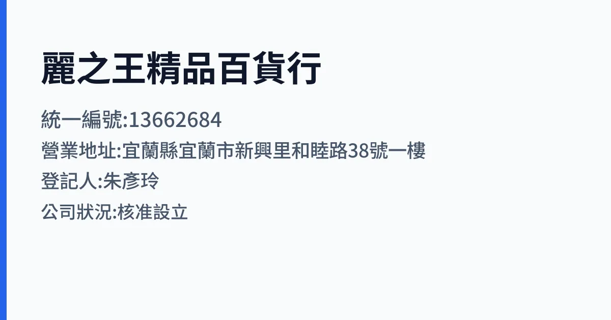 麗之王精品百貨行 - 統編 13662684(宜蘭縣) 公司登記資料與營業項目詳細圖表