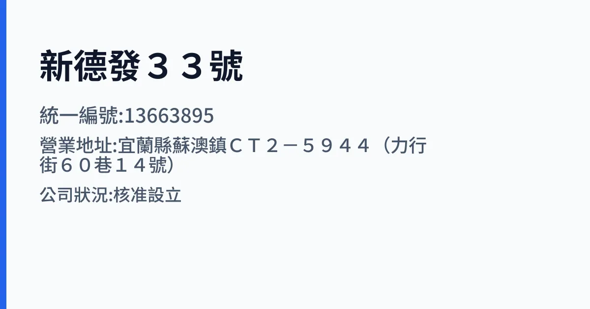 新德發３３號 - 統編 13663895(宜蘭縣) 公司登記資料與營業項目詳細圖表