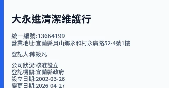 大永進清潔維護行的照片-統編 13664199(宜蘭縣) 公司登記資料與營業項目詳細圖表