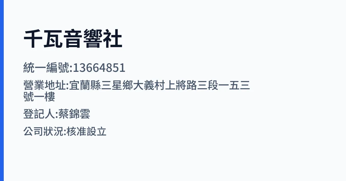 千瓦音響社 - 統編 13664851（宜蘭縣） 公司登記資料與營業項目詳細圖表