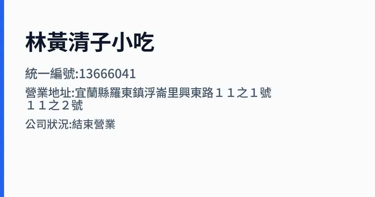 林黃清子小吃 - 統編 13666041(宜蘭縣) 公司登記資料與營業項目詳細圖表
