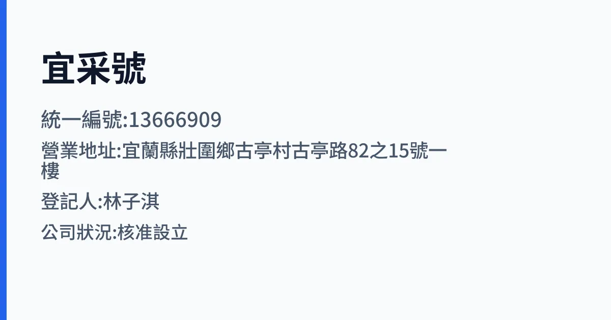 宜采號 - 統編 13666909(宜蘭縣) 公司登記資料與營業項目詳細圖表