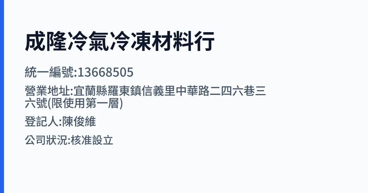 成隆冷氣冷凍材料行 - 統編 13668505(宜蘭縣) 公司登記資料與營業項目詳細圖表