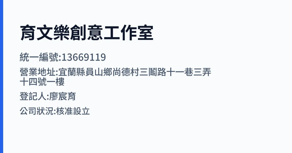 育文樂創意工作室 - 統編 13669119(宜蘭縣) 公司登記資料與營業項目詳細圖表