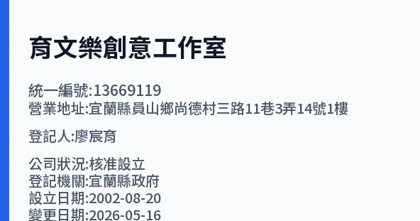 育文樂創意工作室的照片-統編 13669119(宜蘭縣) 公司登記資料與營業項目詳細圖表