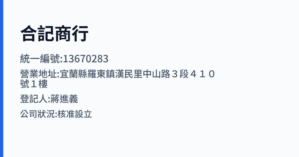 合記商行 - 統編 13670283(宜蘭縣) 公司登記資料與營業項目詳細圖表