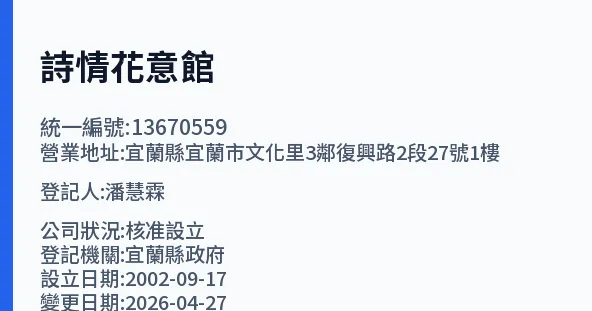 詩情花意館的照片-統編 13670559(宜蘭縣) 公司登記資料與營業項目詳細圖表