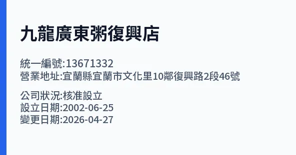 九龍廣東粥復興店的照片-統編 13671332(宜蘭縣) 公司登記資料與營業項目詳細圖表