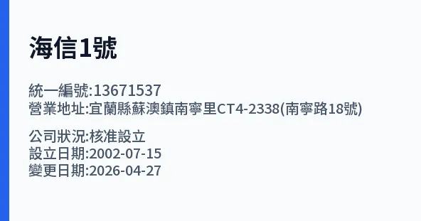 海信1號的照片-統編 13671537(宜蘭縣) 公司登記資料與營業項目詳細圖表