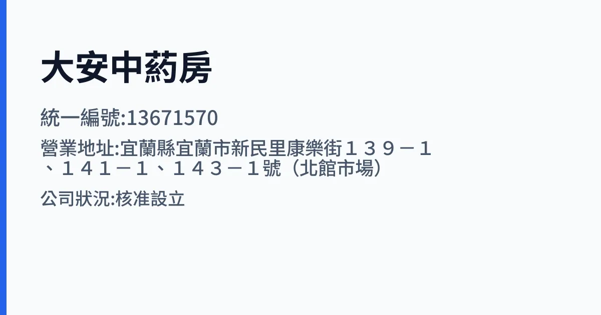 大安中葯房 - 統編 13671570(宜蘭縣) 公司登記資料與營業項目詳細圖表