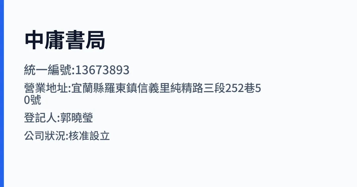 中庸書局 - 統編 13673893(宜蘭縣) 公司登記資料與營業項目詳細圖表
