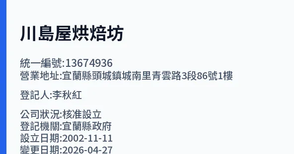 川島屋烘焙坊的照片-統編 13674936(宜蘭縣) 公司登記資料與營業項目詳細圖表