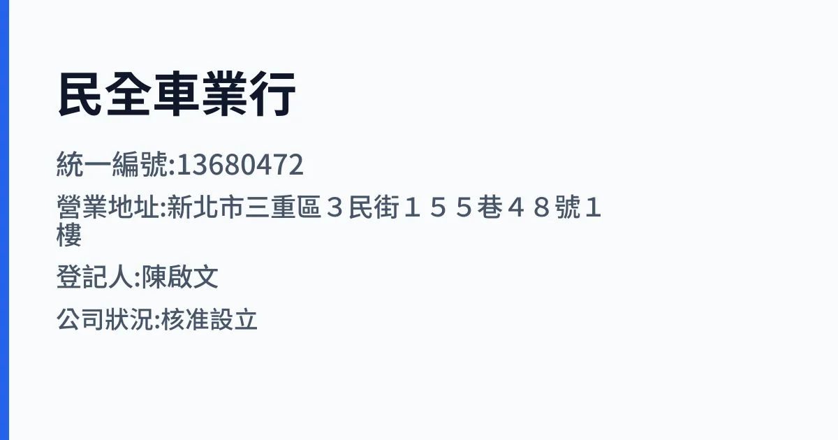 民全車業行 - 統編 13680472(新北市) 公司登記資料與營業項目詳細圖表