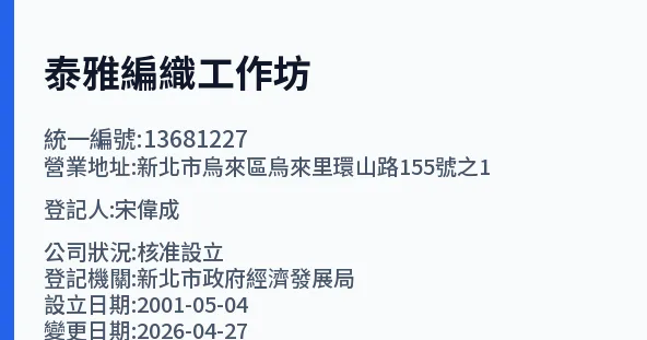 泰雅編織工作坊的照片-統編 13681227(新北市) 公司登記資料與營業項目詳細圖表