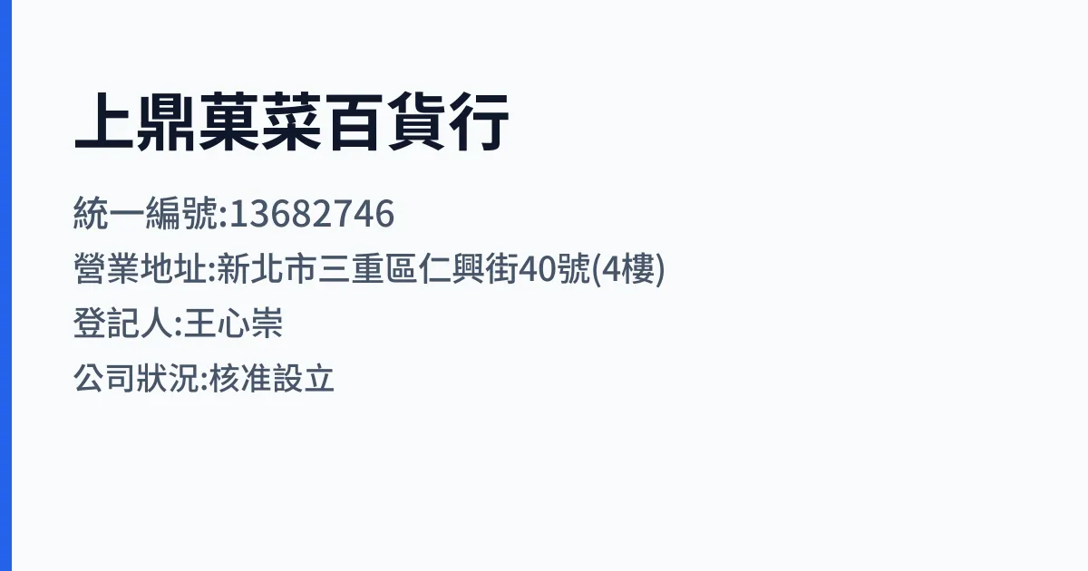 上鼎菓菜百貨行 - 統編 13682746(新北市) 公司登記資料與營業項目詳細圖表