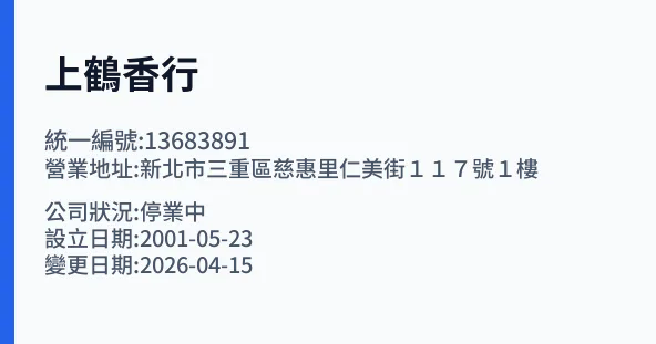 上鶴香行的照片-統編 13683891(新北市) 公司登記資料與營業項目詳細圖表