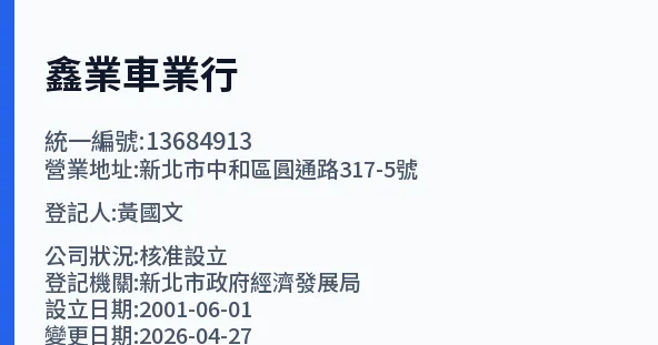 鑫業車業行的照片-統編 13684913(新北市) 公司登記資料與營業項目詳細圖表
