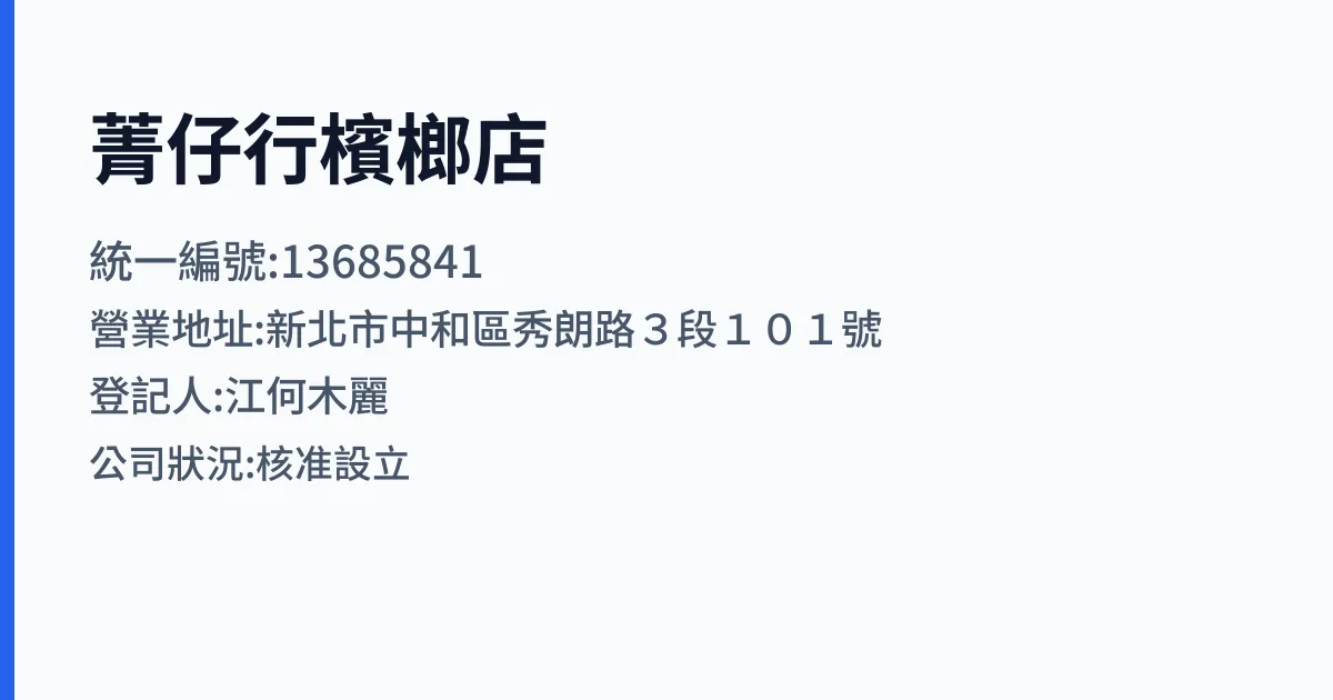 菁仔行檳榔店 - 統編 13685841(新北市) 公司登記資料與營業項目詳細圖表