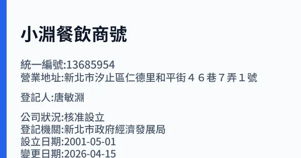 小淵餐飲商號的照片-統編 13685954(新北市) 公司登記資料與營業項目詳細圖表