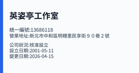 英姿亭工作室的照片-統編 13686118(新北市) 公司登記資料與營業項目詳細圖表